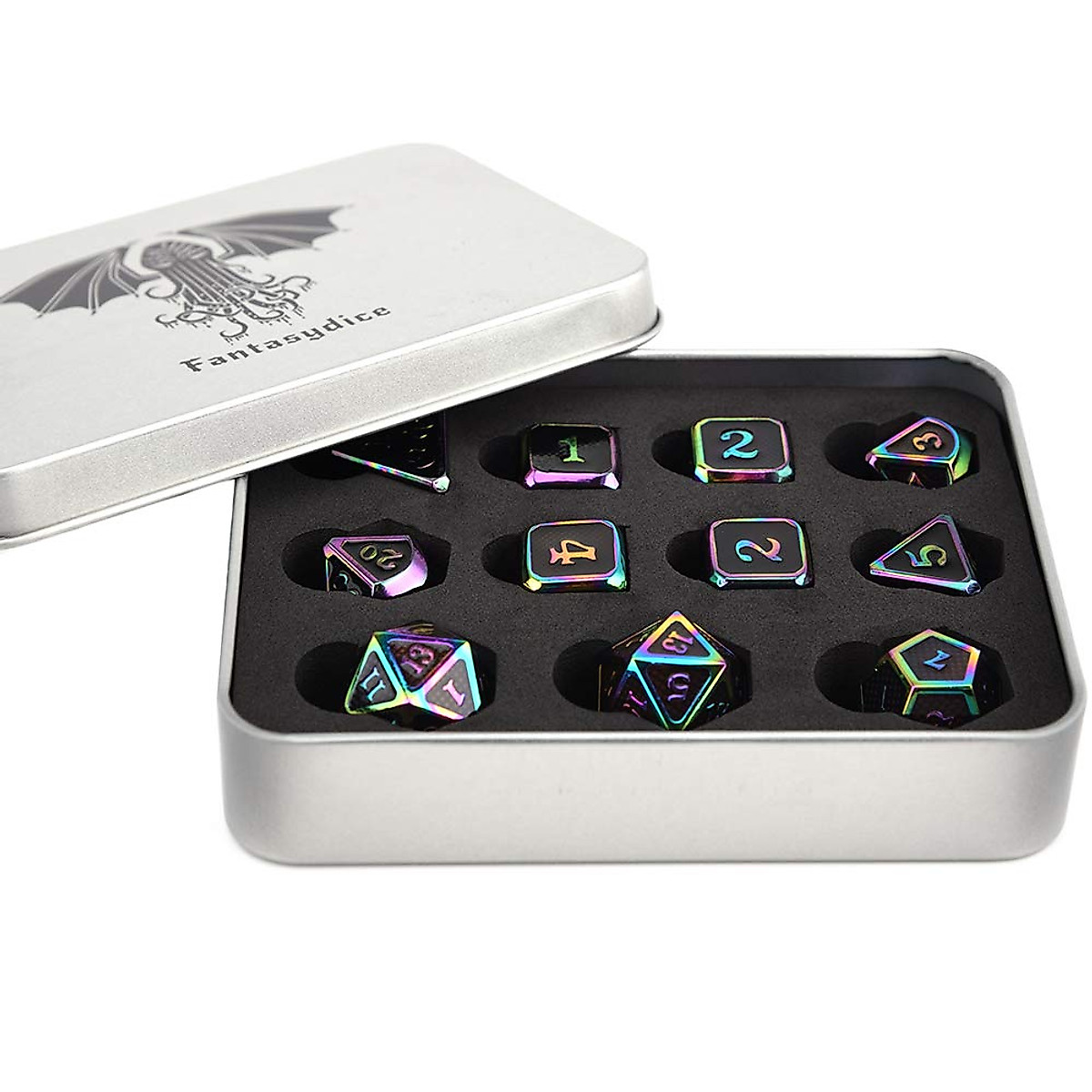 Rainbow Eldritch Cthulhu Scales Metal Dice Set 11 Polyhedral Dice with Metal Box for Dungeons and Dragons (D&D, DND 5 Edition) Call of Cthulhu Warhammer Shadowrun and All Tabletop RPG for Game Lovers.