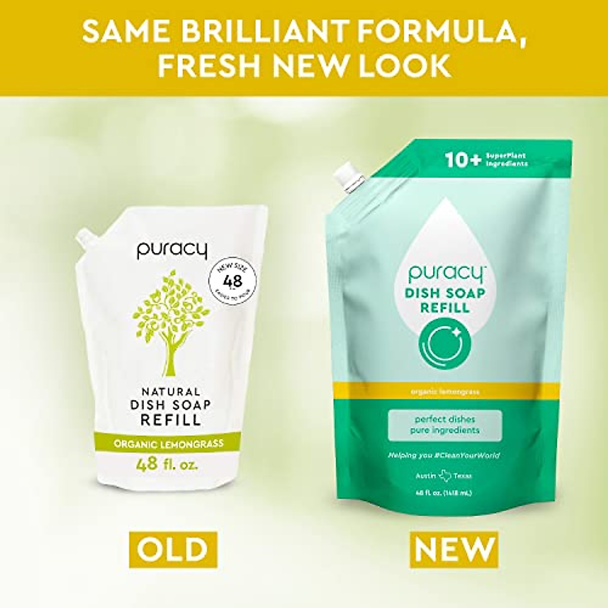 Puracy Natural Dish Soap Refill, Skin-Softening Plant-Based Liquid Dishwashing Detergent Soap, Clean-Rinsing Water-Sheeting Formula, (Organic Lemongrass 48 Oz)