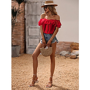 SweatyRocks Women's Off Shoulder Ruffle Trim Knot Front Blouse Tiered Layer Butterfly Short Sleeve Chiffon Tops Summer Red L