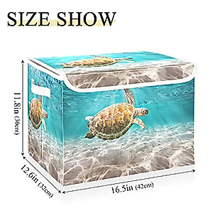 Kigai Storage Basket Underwater Sea Turtle Storage Boxes with Lids and Handle, Large Storage Cube Bin Collapsible for Shelves Closet Bedroom Living Room, 16.5x12.6x11.8 In