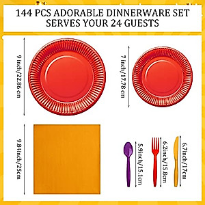Karenhi 144 Pieces Rainbow Party Supplies Includes 7 Inch 9 Inch Paper Dinner Plates Colorful Cocktail Napkin Plastic Spoons Forks Knives Serve for 24 Guests Birthday Baby Shower Party Supplies
