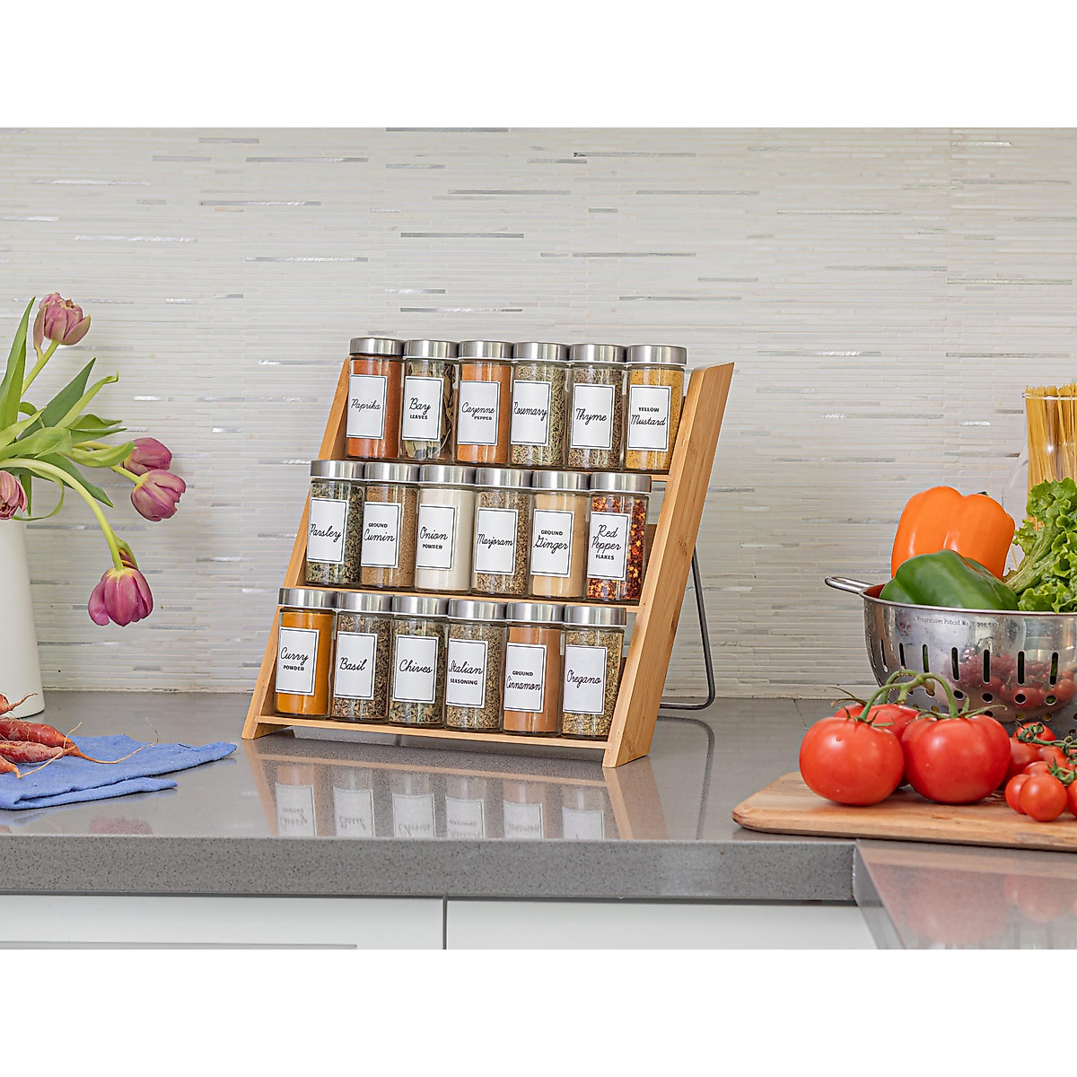 Orii 18 Jar Bamboo Compact Spice Organizer for Countertop and Kitchen Drawer, Filled with Spices, 5 Year Spice Refill Program