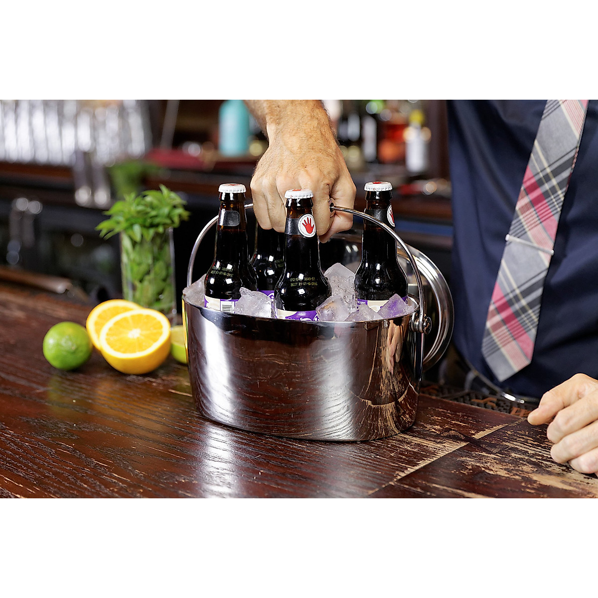 Crafthouse by Fortessa Professional Metal Barware/Bar Tools by Charles Joly, 12" x 5.25" Stainless Steel Ice Bucket with Handle and Drain Tray, Silver