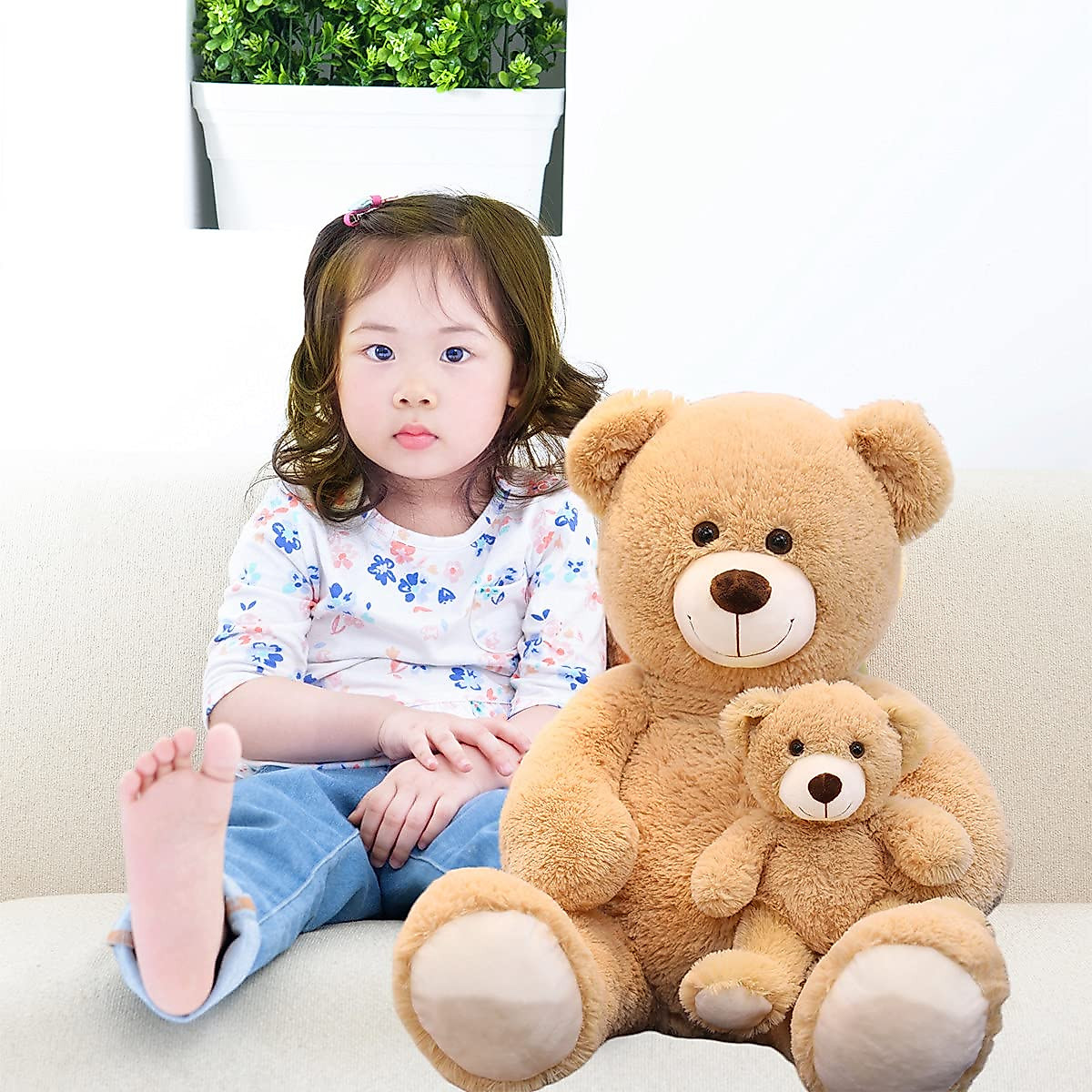uHousDeco 2 in 1 Mommy and Baby Teddy Bear Stuffed Animals, Cute Soft Plush Toy for Girl Children Girlfriend Valentine's Day, 40-inches, Light Brown