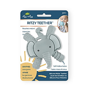 Itzy Ritzy - Ritzy Teether for Molars - Massages Sore Gums & Reaches Back Molars - Silicone Baby Teething Toy with Multiple Textures & Flexible Design - Teething Relief for 3 Months & Up (Elephant)