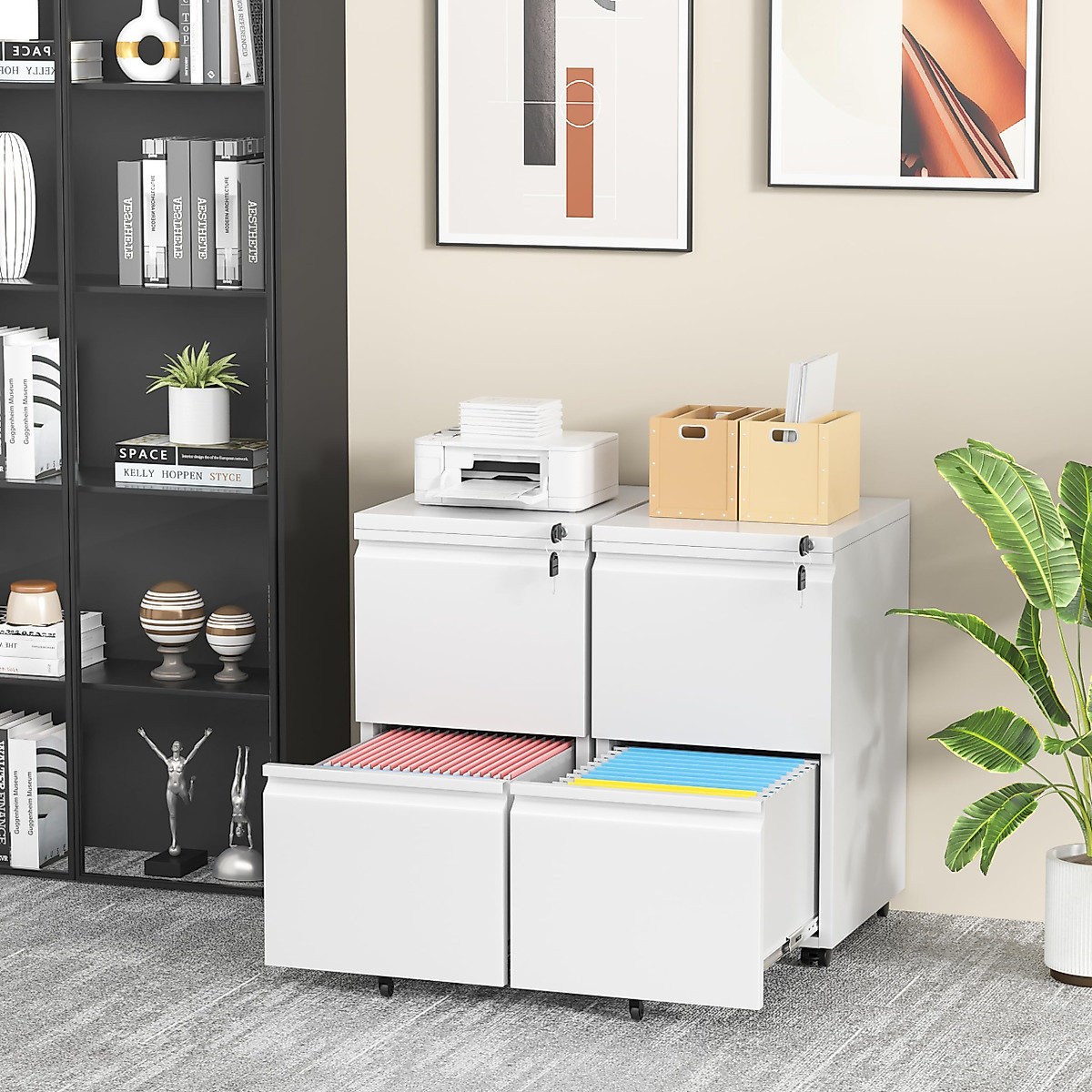 INTERGREAT 2 Drawer File Cabinet, Assembled Metal Filling Cabinet with Lock, Locking Office Mobile Cabinet with Wheels for Legal/Letter Size, Under Desk, White