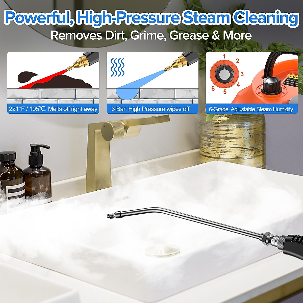 AUXCO 2500W Steam Cleaner, High Pressure Steamer for Cleaning, Portable Handheld Steam Cleaners for Home Use, Steamer for Car Detailing, Steam Cleaner for Upholstery, Kitchen, Bathroom, Grout and Tile