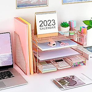 OPNICE Desk Organizers and Accessories, Paper Letter Tray Organizer with 2 Pen Holders and File Holder, File Organizer and Storage, 4-Tier Office Desk Accessories for Office Supplies(Rose Gold)