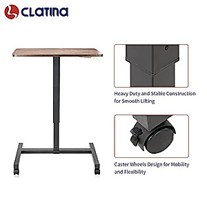 CLATINA Mobile Laptop Desk Pneumatic Sit to Stand Table Height Adjustable Rolling Cart with Lockable Wheels for Home Office Computer Workstation 28" x 19" Brown Round Edge Design Elegant - Fidel