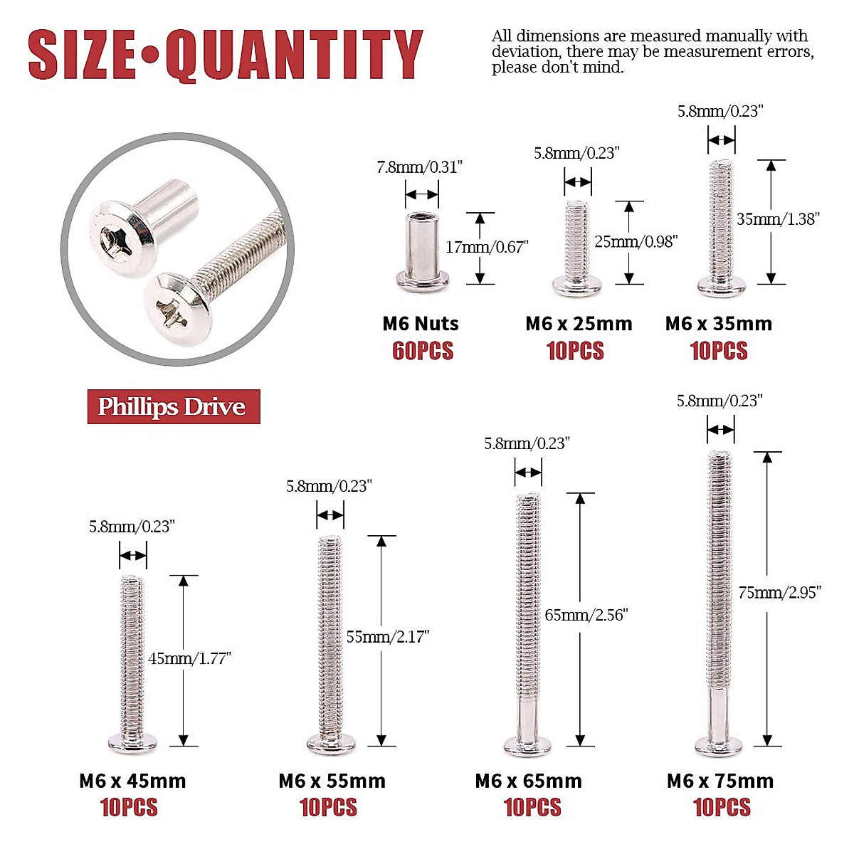 Hilitchi 120-Pcs M6 x 25/35 / 45/55 / 65 / 75mm Rivet Phillip Countersunk Head Screws Bolts Dowel Barrel Nuts Assortment Kit for Furniture Hardware Fitting