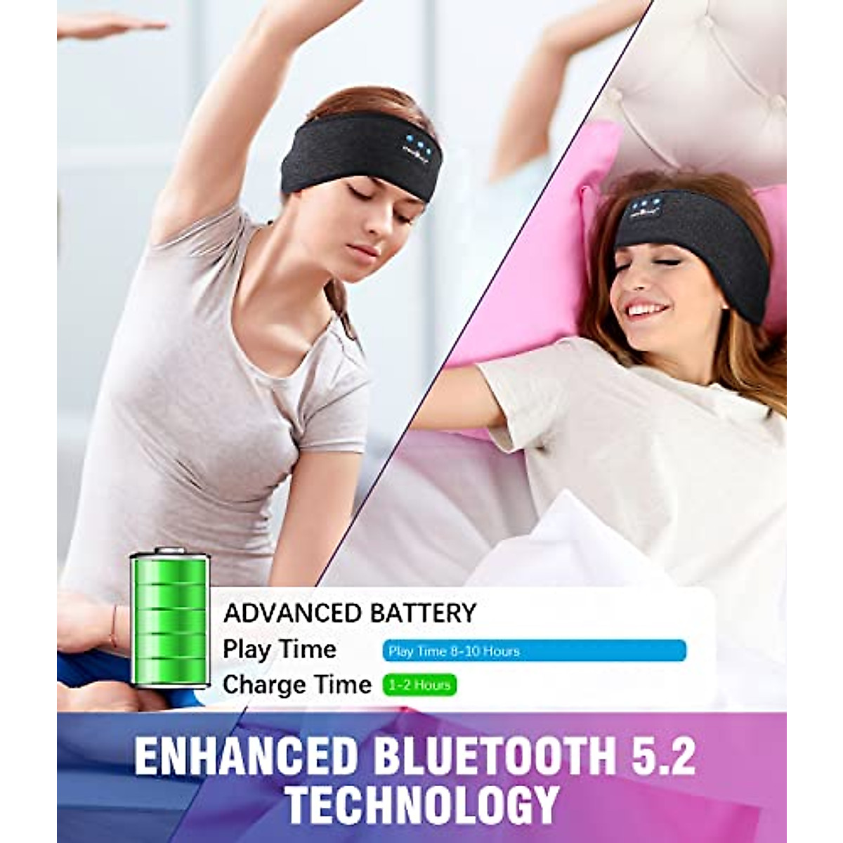 MUSICOZY Sleep Headphones Bluetooth Sports Headband, Wireless Music Sleeping Headphones Sleep Eye Mask Earbuds for Side Sleepers Workout Running Insomnia Travel Yoga Office, Pack of 2