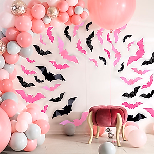 Whaline 224Pcs Halloween Wall Decoration 3D Bats with Foam Adhesive Black Pink Rose Red Waterproof Spooky Bats Stickers Hocus Pocus Party Supplies for Halloween Home Wall Window Door Decor, 4 Sizes