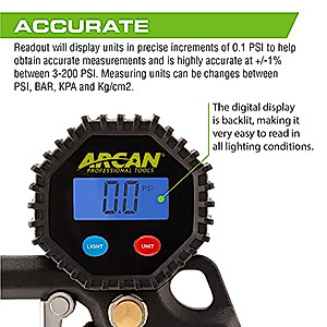 ARCAN Professional Tools Digital Tire Inflator and Gauge with Valve Core Remover, 3-200 PSI Range, Digital Display Screen with PSI/BAR/KPA/KGF Readings, Dual AAA Battery Powered (ADTIAG)