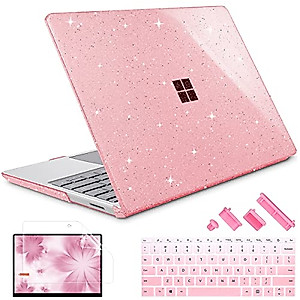 May Chen Compatible with 12.4 inch Microsoft Surface Laptop Go 2 Models: 1943 2013, Release 2022 Fashion Plastic Hard Shell Case with Screen Protector + Keyboard Cover + Dust Plugs, Pink Glitter