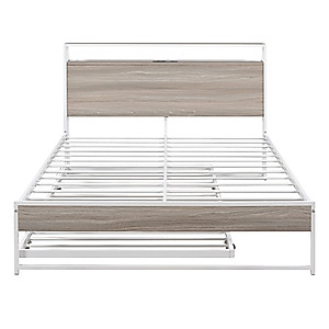 Harper & Bright Designs Full Platform Bed with Trundle and USB Ports, Metal Full Bed Frame with Storage Headboard and Steel Slat Support, for Bedroom and Guest Room (Full Size, White)
