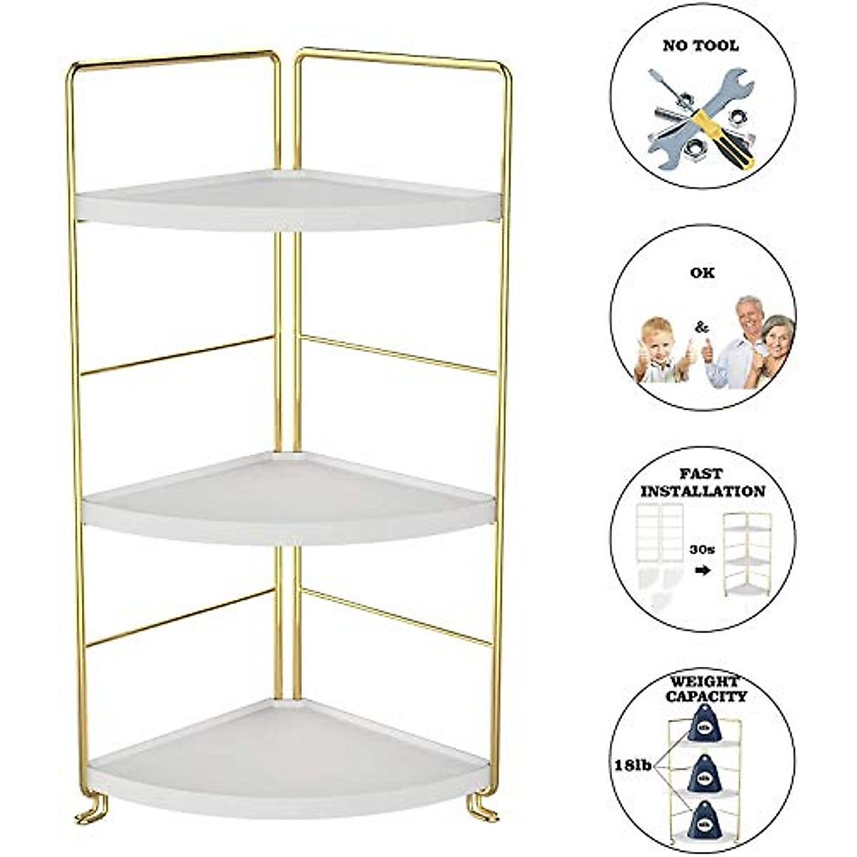 kaileyouxiangongsi Standing Shelf Units, 3-Tier Corner Storage Shelf, Bathroom Countertop Organizer, Vanity Tray Cosmetic Skincare Makeup Storage, Kitchen Spice Rack Standing Shelf, Golden