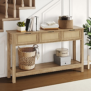 Luoxiao Rattan Console Table Boho Entryway Table - Narrow Long Sofa Table, Hallway Foyer Table, Behind Couch Table with 3 Drawers and Open Storage Shelf for Living Room and Corridor,Wood