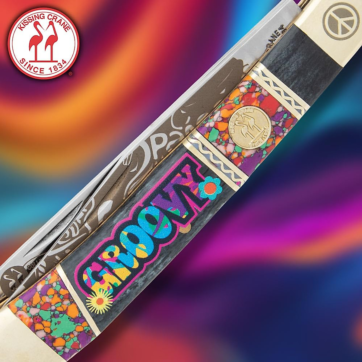 KISSING CRANE Groovy Trapper Pocket Knife | Laser Etched Stainless Steel Blades | 3D Printed Bone and Acrylic Handle Scales | Nickel Silver Boosters | 1960's Tribute | Closed Length 4"