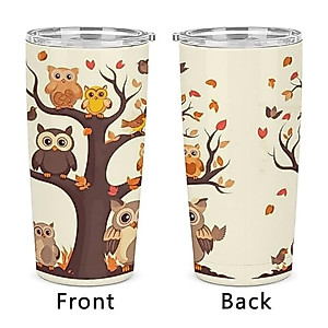 ZXDSKGYN 20 Oz Tumbler With Straw Leak Proof Thermos Cup, Cartoon Family Owls On The Brown Tree Stainless Steel Insulated Travel Coffee Mug Fit for Car Cup Holder