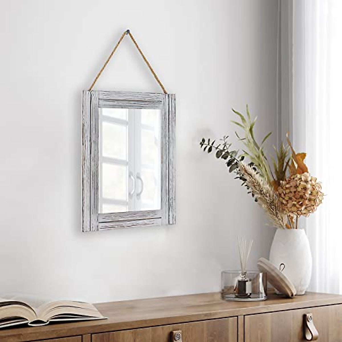 EMAISON 12 x 16 in Wall Decorative Mirror, Rustic Wood Frame Rectangular Mirror with Hanging Rope for Entryway, Bedroom, Guest Bathroom, Living Room, Bedroom - Grey