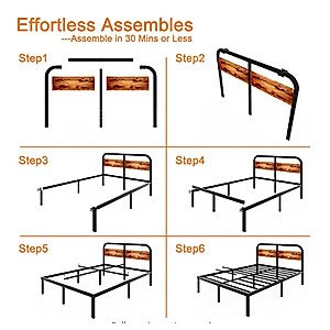 Aardhen Queen Size Bed Frame 14 Inch Rustic Wood Headboard, Heavy Duty Steel Slats Support, Easy Assembly, No Box Spring Needed, Quiet and Sturdy