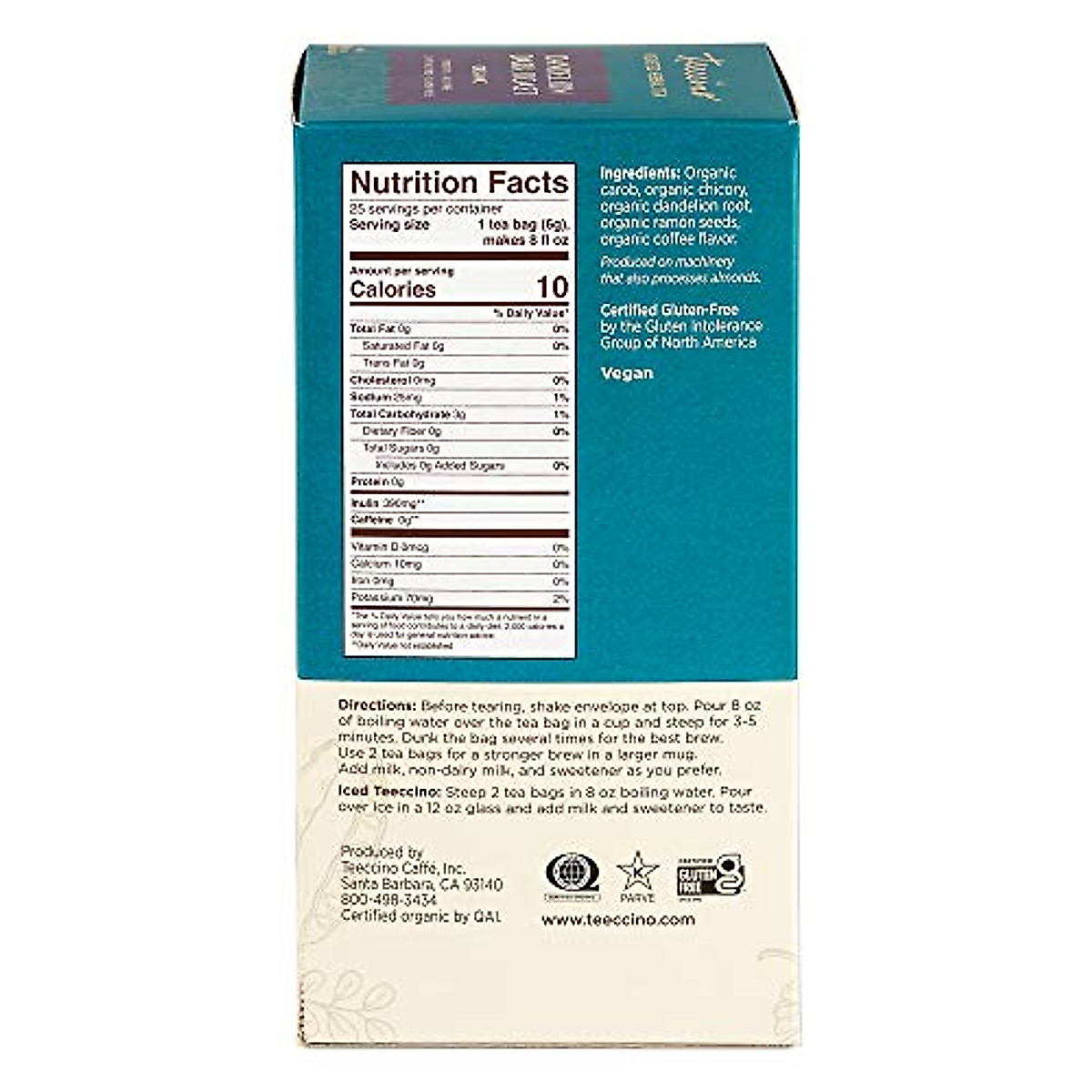 Teeccino Dandelion Herbal Tea - Dark Roast - Caffeine Free, Prebiotic, Gluten Free, 3x More Herbs - 25 Tea Bags