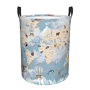 Pevtufa Animals Travel World Map Foldable Laundry Basket Organizer,Fabric Clothes Toy Storage Basket Nursery Hamper Storage Bin For Household Bedroom, Bathroom, College Dorm-Small