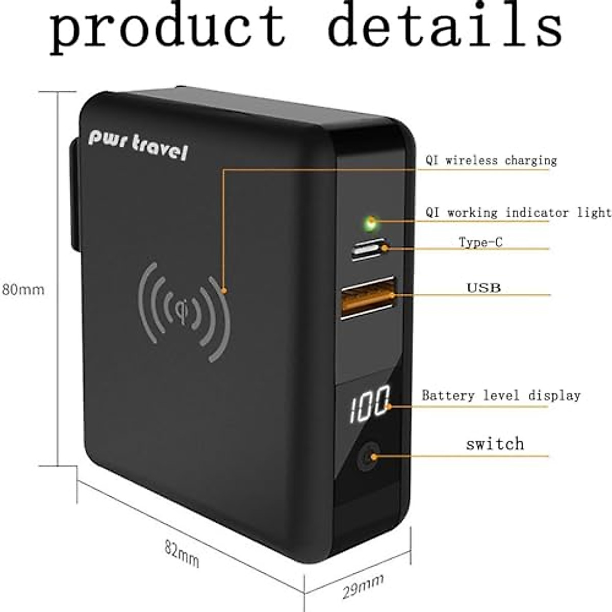 Pwr Travel - 5 in 1 Power Bank International, 10000mAh Portable Wireless Charger Bank with AC Wall Plug & Built-in Cables, Built-in Type-C and Lighting USB Cable 4 Output and 2 Input