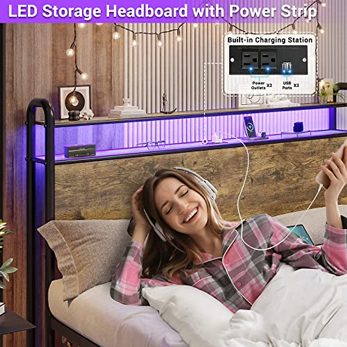 DICTAC Queen Bed Frame with Storage Headboard and Charging Station Led Bed Frame Queen Size with Headboard Storage,Metal Platform Bed Frame with LED Lights,No Box Spring Needed,Rustic Brown