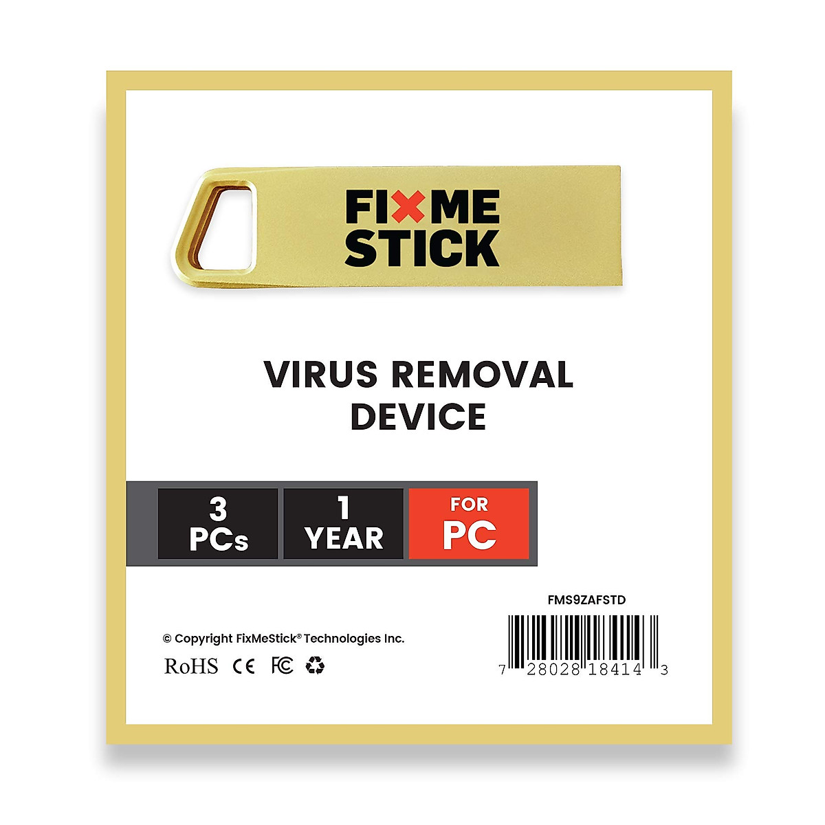 FixMeStick Gold Computer Virus Removal Stick for Windows PCs - Unlimited Use on Up to 3 Laptops or Desktops for 1 Year