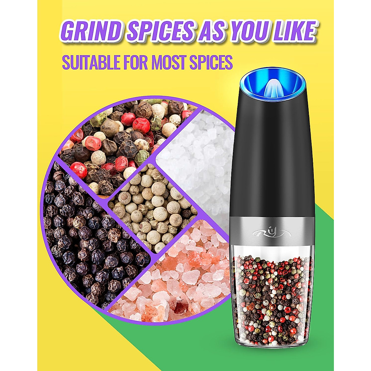 Gravity Electric Salt Ginder Pepper Grinder, Automatic Pepper and Salt Mill Grinder Battery-Operated with Adjustable Coarseness, LED Light, One Hand Operated