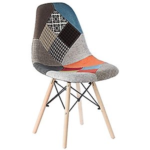 Mid-Century Modern Upholstered Plastic Multicolor Fabric Patchwork DSW Shell Dining Chair with Wooden Dowel Eiffel Legs