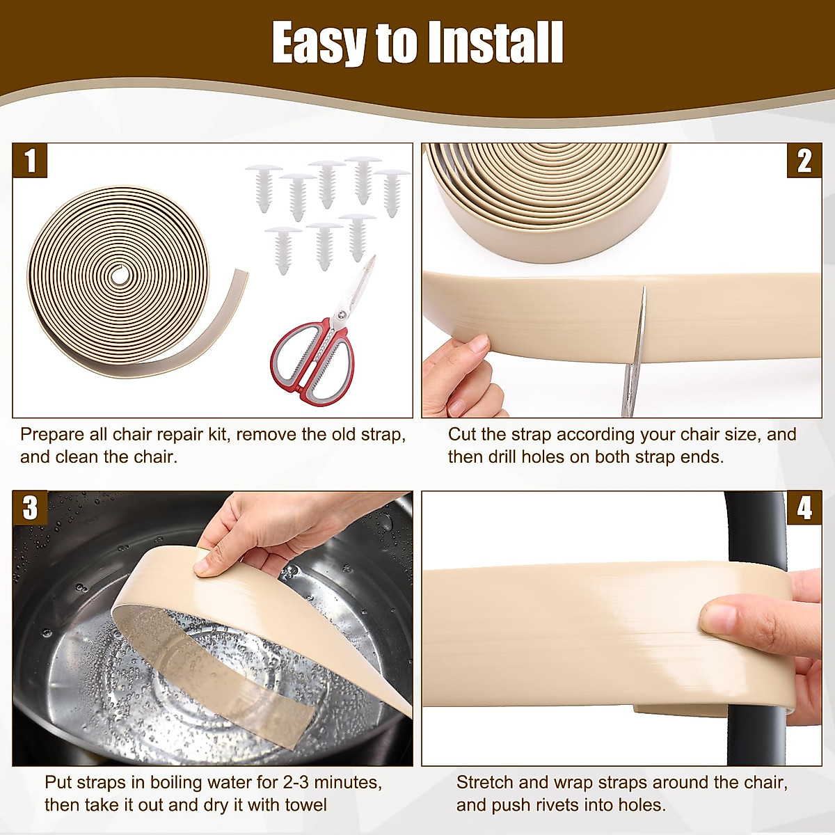 2" Wide Vinyl Straps for Patio Chairs Repair, COITEK 20FT Long Patio Garden Furniture Replacement Straps+ 40 Free Rivets for Outdoor Lawn Furniture Chaise Lounge Repair (Driftwood)