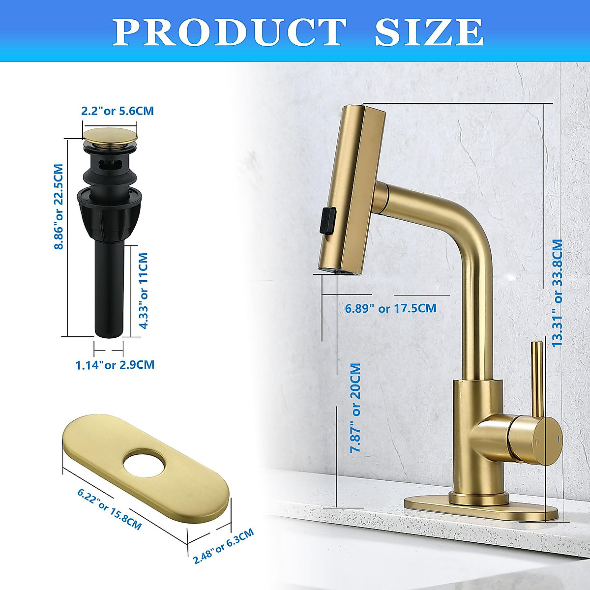 TRIPHIL Waterfall Bathroom Faucets with 3 Mode Pull Down Sprayer,Single Handle Modern Bath Sink Faucet with Pop Up Drain and Deck Plate,Brusehd Gold 1 Hole RV, Bar,Restroom,Lavatory,Vanity Tap