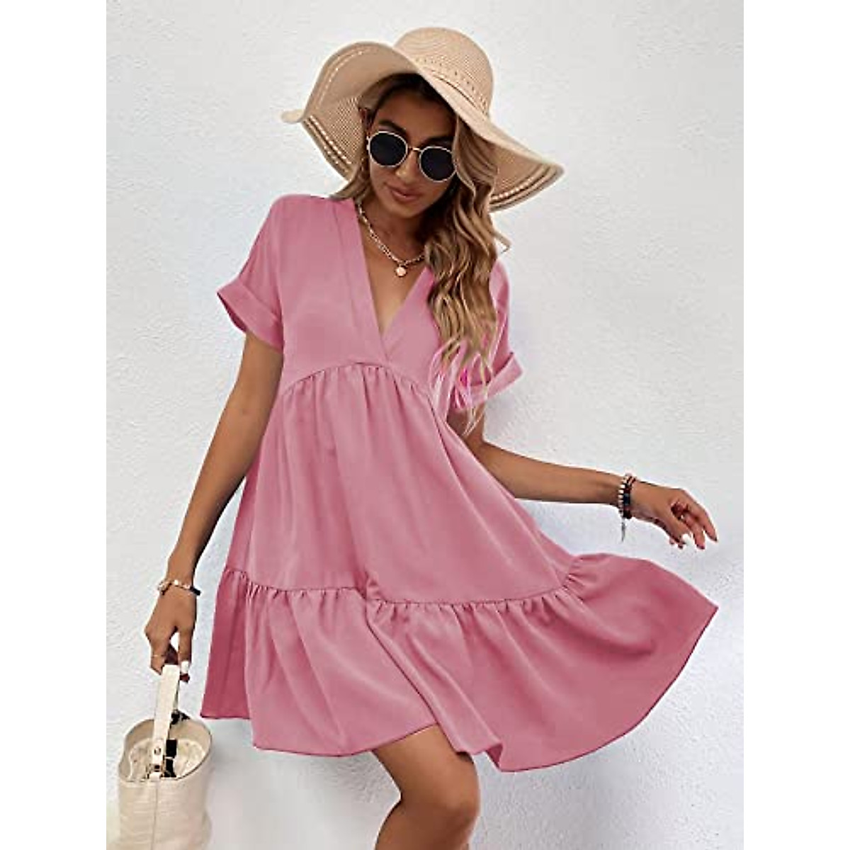 WDIRARA Women's Roll Up Short Sleeve V Neck Ruffle Hem Solid Swing Smock Dress Watermelon Pink M
