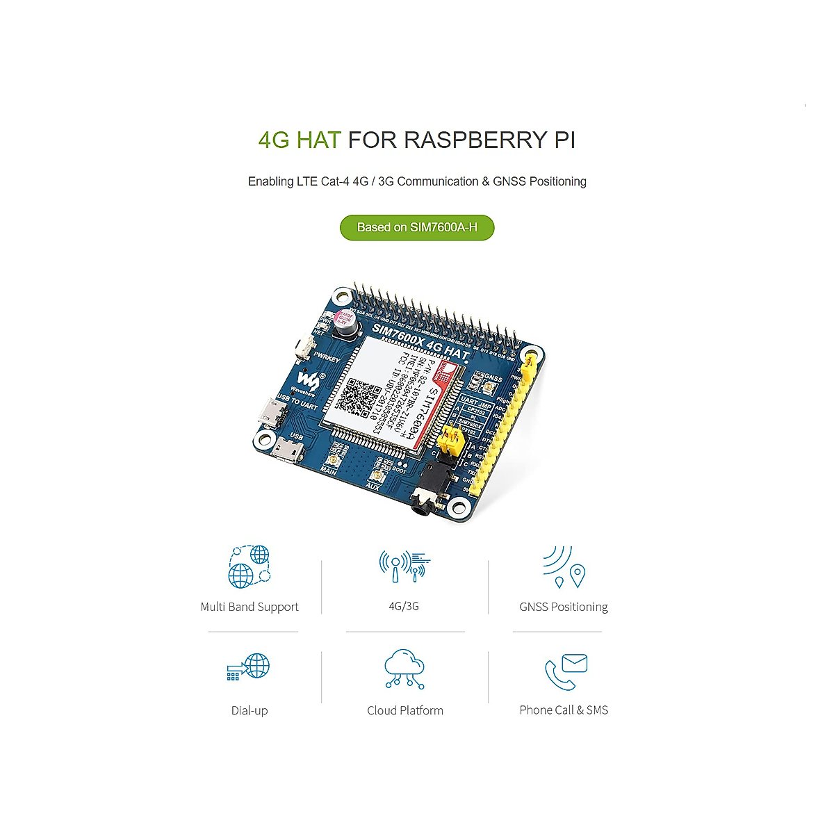 4G / 3G / GNSS HAT Module for Raspberry Pi Zero/Zero W/Zero WH/2B/3B/3B+/4B/Jetson Nano, Based on SIM7600A-H , 4G Communication and GNSS Positioning Module Support LTE CAT4 up to 150Mbps