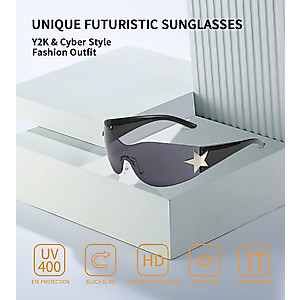 Dollger Trendy Y2K Sunglasses Women Men Rimless Wrap Around Sunglasses Fufuristic Y2K Star Fashion Visor 2000 Glasses Shield Black Shades