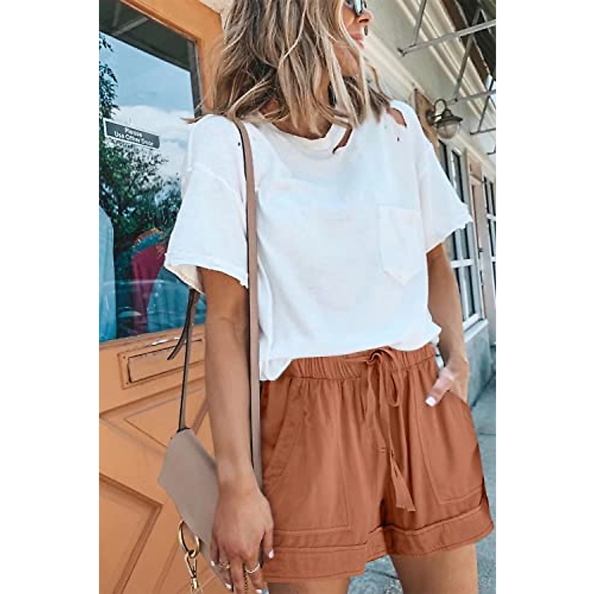 ANFTFH Women's Casual Elastic Waist Comfy Cotton Linen Summer Beach Shorts with Drawstring Orange XL