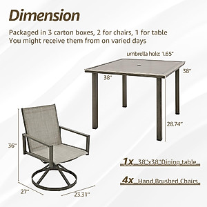 NATURAL EXPRESSIONS Patio Swivel Dining Set of 5, 4-Piece Mesh Sling High Back Chairs, 1-Piece 38" Square Woodgrain Steel Dining Table with 1.65'' Umbrella Hole for Outdoor Garden Yard