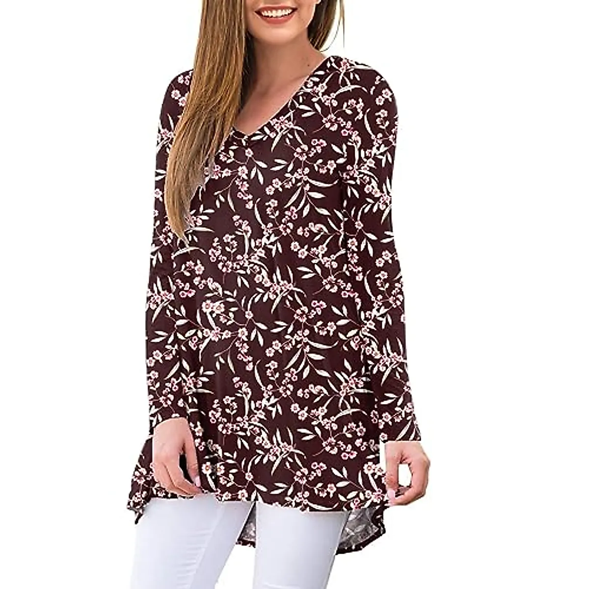 AWULIFFAN Women's Fall Long Sleeve V-Neck T-Shirt Tunic Tops Blouse Shirts (Flower Grass Wine Red,Medium)