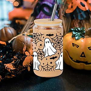 Lovearth 16oz Halloween Ghost Glass Tumbler, Spider Web Halloween Glass Cup with Lid and Straw, Cute Halloween Bats Cup, Spooky Gifts, Boo Basket Stuffers for Women, Gifts for Halloween Lovers