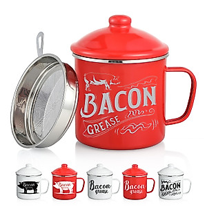 46OZ LARGE Bacon Grease Saver with Fine Mesh Strainer & Handle - Enamel Oil Keeper Container, Bacon Fat Dripping Can - Farmhouse Kitchen Gift & Decor Cooking Accessories - Red, Style 1