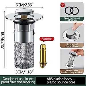 Sink Drain Strainer, Shower Drain Hair Catcher, Stainless Steel Floor Drain Filter, Pop Up Drain for Bathroom Sink Tub Bathtub Kitchen, Universal Replacement Sink Drain Stopper with Brass Filter (1pc)