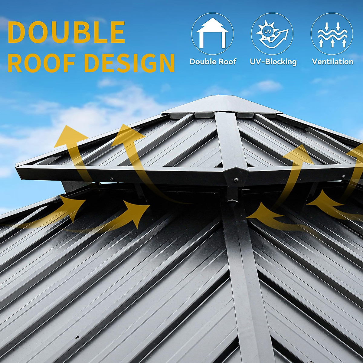 DWVO 10x10ft Hardtop Gazebo Double Roof with Nettings and Curtains, Heavy Duty Galvanized Steel Outdoor Vertical Stripes Roof for Patio, Backyard, Deck, Lawns, Brown