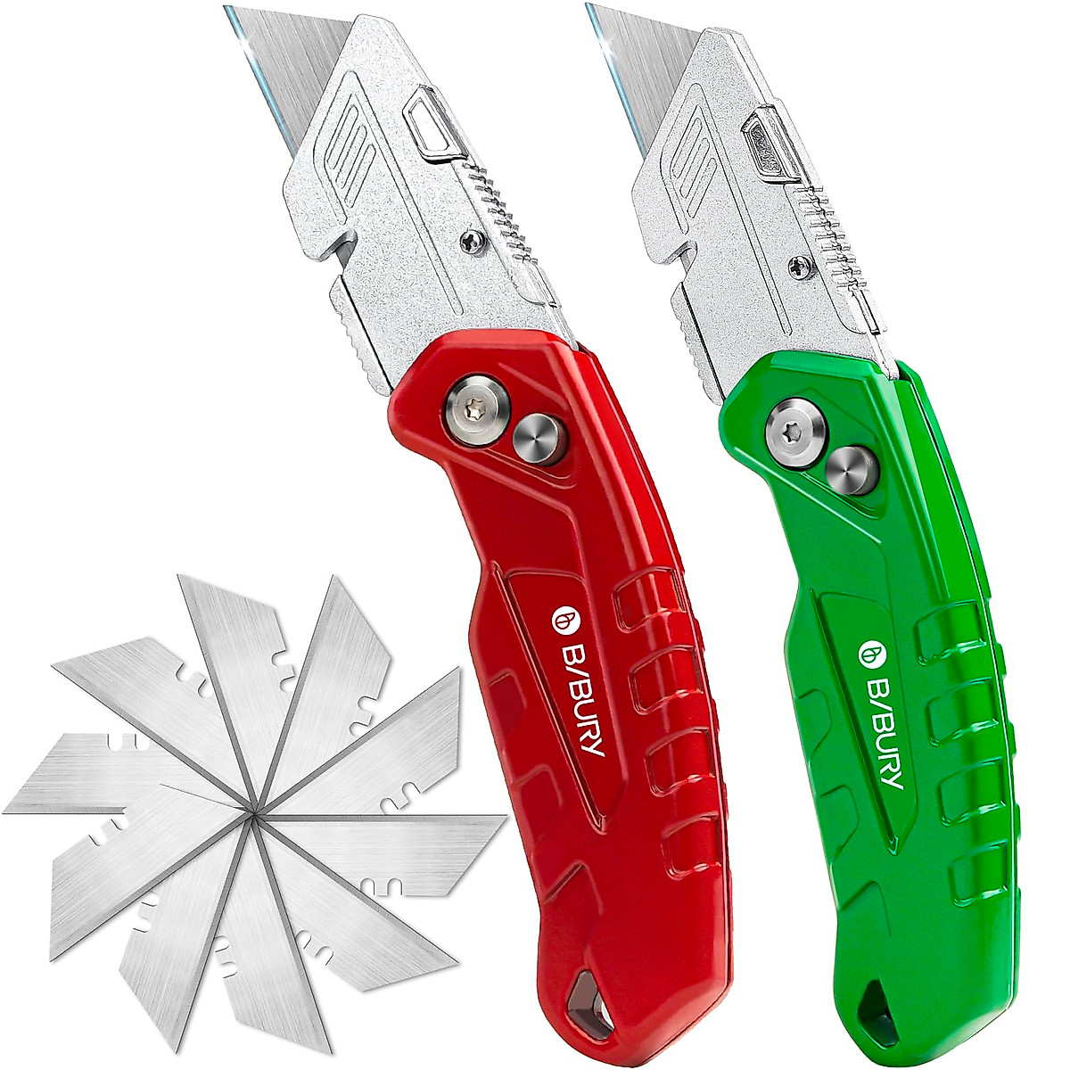 BIBURY Utility Knife 2-Pack, Heavy Duty Folding Box Cutter with Extra 10pcs Replacement SK5 Blades, Pocket Carpet Knife with Quick Change & Safety Lock, Belt Clip