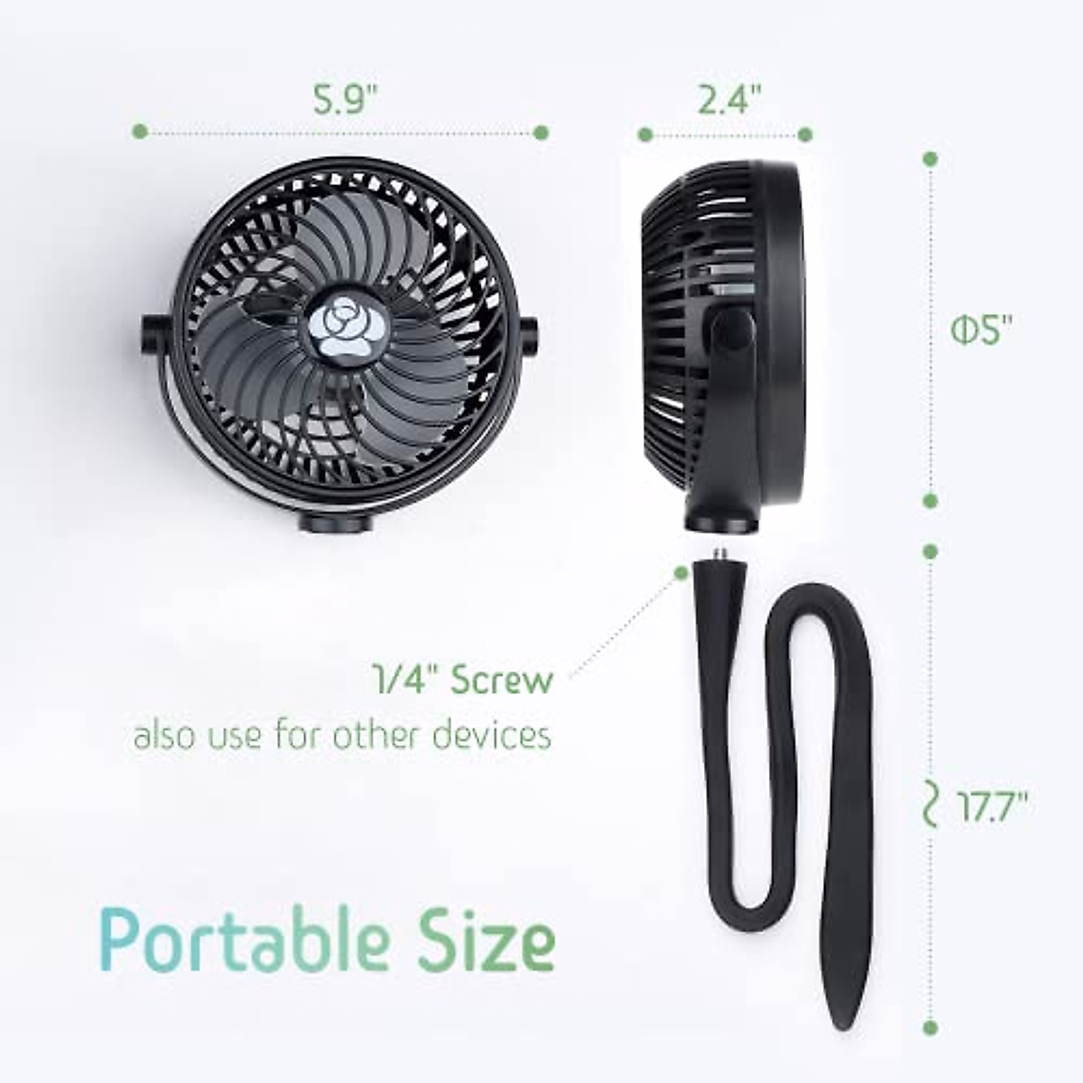 Portable Fan, Baby Stroller Fan, Mini Small Fan with Flexible Stand, USB or Battery Powered Rechargeable Fan for Bedroom Crib Desk Treadmill Car Bike Seat, 360 Rotation (Black)…