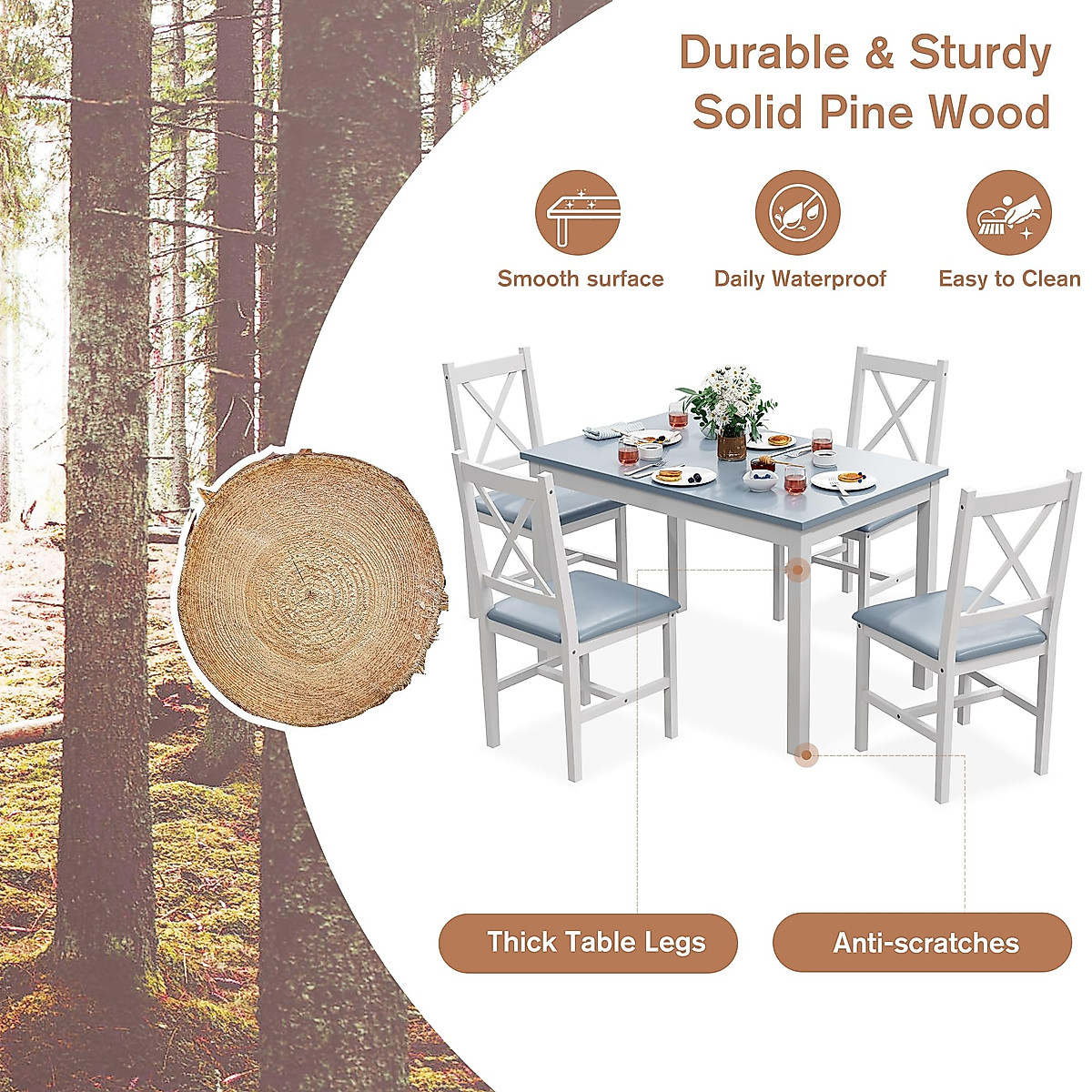 Lumelay Dining Table Set for 2-4 Person,Morden Wooden Small Kitchen Table Set,5 Piece Breakfast Dining Room Table and Upholstered Chairs for Apartment,Space-Saving Design (Blue)