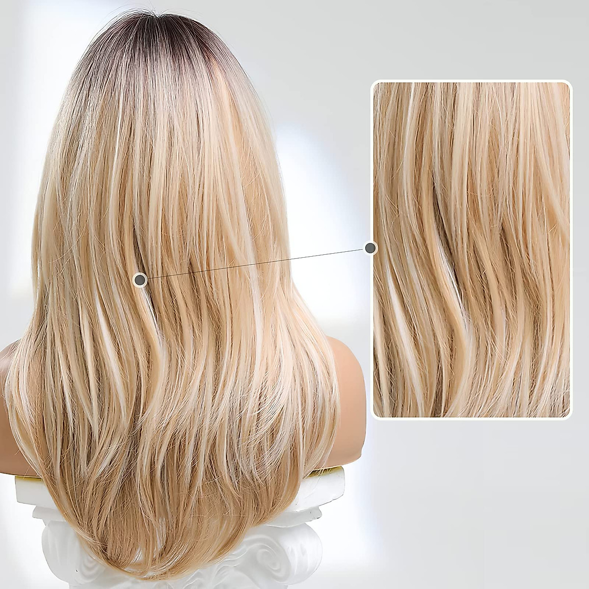 Long Blonde Wig with Bangs Layered Synthetic Hair Wig with Dark Roots for Women (22 Inch)