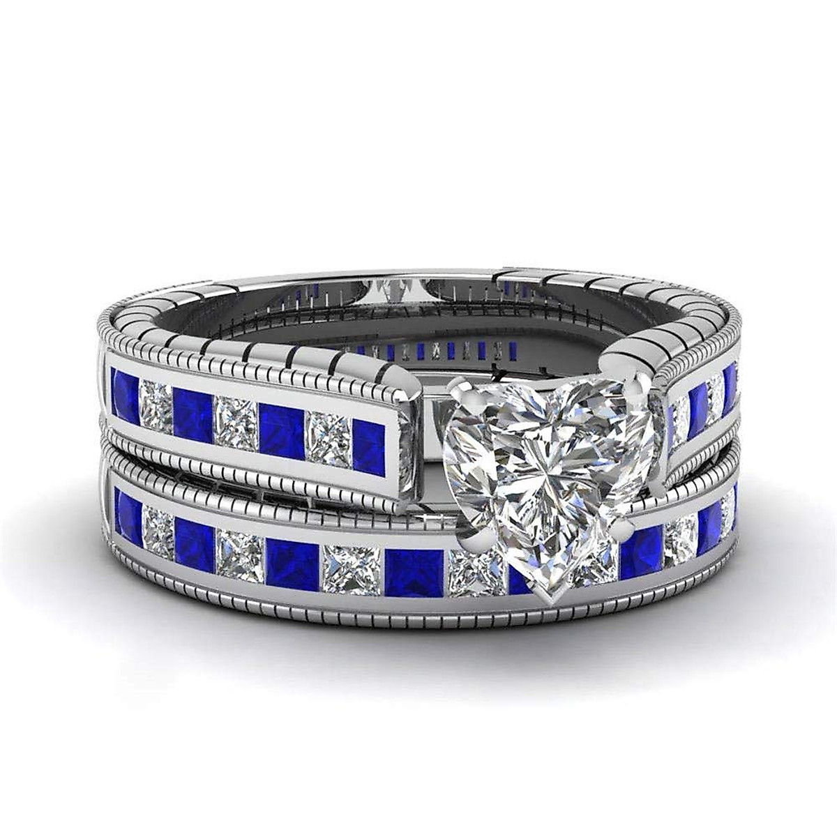 LOVERSRING 3pc Two Rings His and Hers Couple Rings Bridal Sets His Hers Women White Gold Filled Heart Cz Man Stainless Steel Wedding Ring Band Set