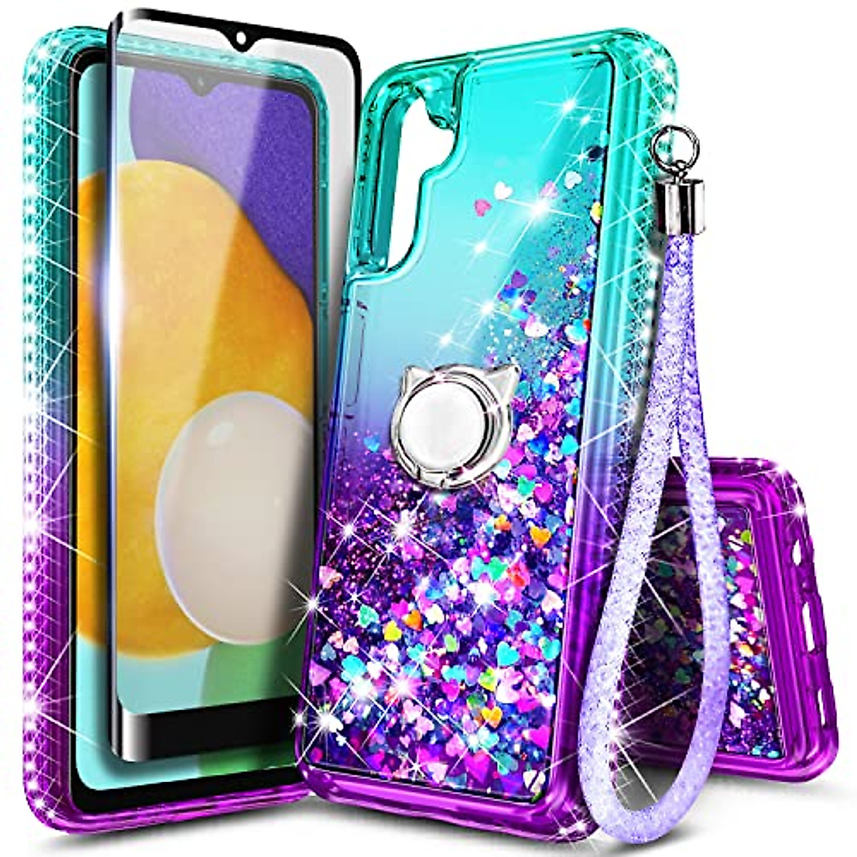 NZND Compatible with Samsung Galaxy A14 5G Case with Tempered Glass Screen Protector (Maximum Coverage), Ring Holder/Wrist Strap, Glitter Liquid Floating Waterfall Durable Cute Case (Aqua/Purple)